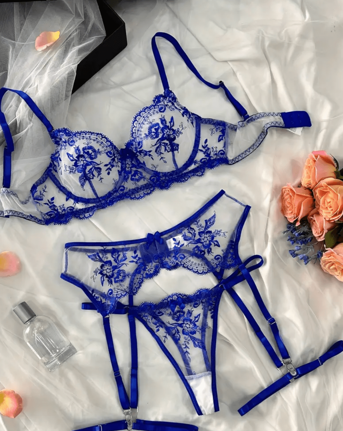 Blue Lace Lingerie Set Garter – Self Care Shop
