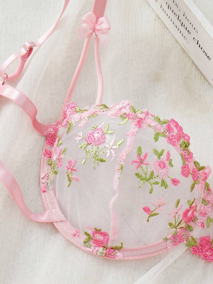 Floral Embroidery Mesh Lingerie Set – Self Care Shop